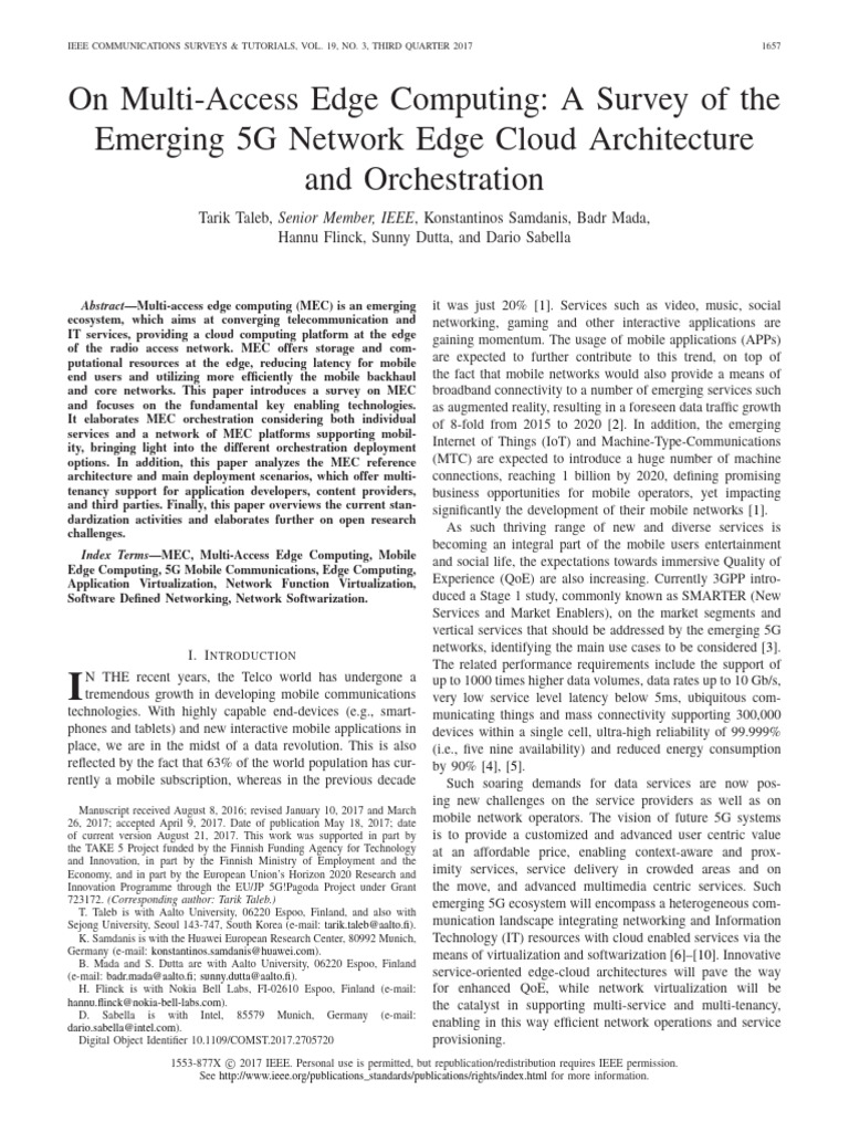 On Multi-Access Edge Computing A Survey of The Emerging 5G Network Edge Cloud Architecture and ...