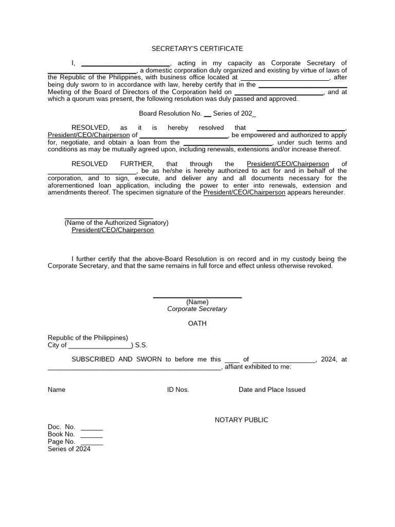 Secretary Certificate | PDF
