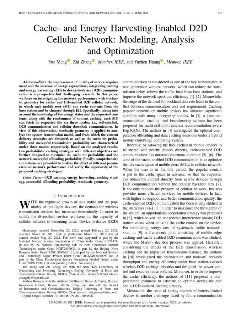Cache - and Energy Harvesting-Enabled D2D Cellular Network Modeling Analysis and Optimization ...