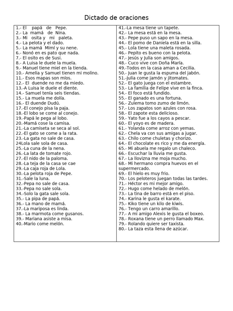 Oraciones para dictado infantil | PDF