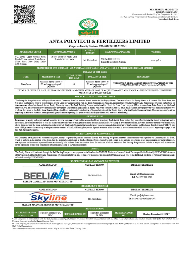 Anya Polytech IPO Red Herring Prospectus | PDF | Investing | Securities ...