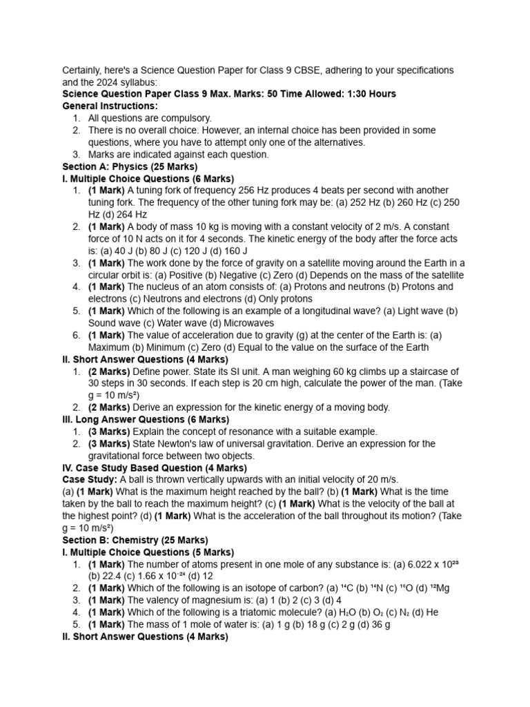Make A Science Question Paper of Class 9 Cbse of 5... | PDF | Force ...