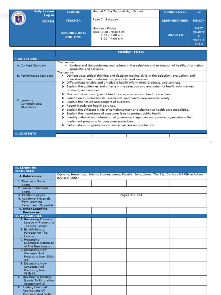 Health DLL Q1 Week 1&2 | PDF | Learning | Evaluation