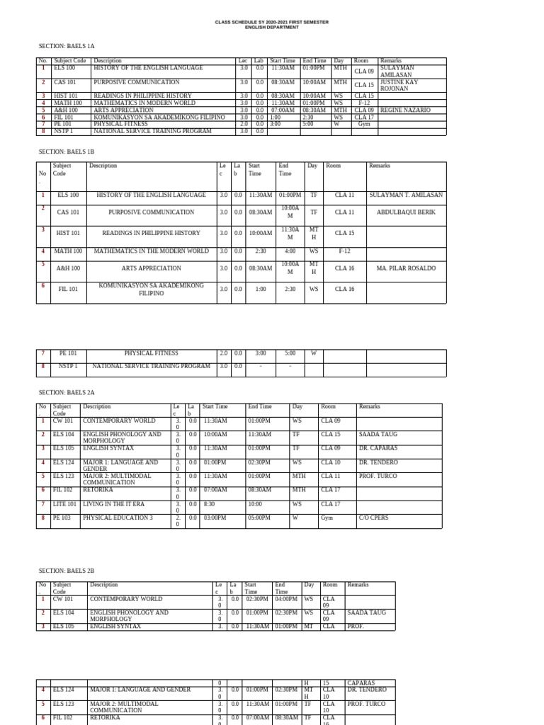 English-Sched-1st-sem-2020-21-Final 2 | PDF | Human Communication | Linguistics