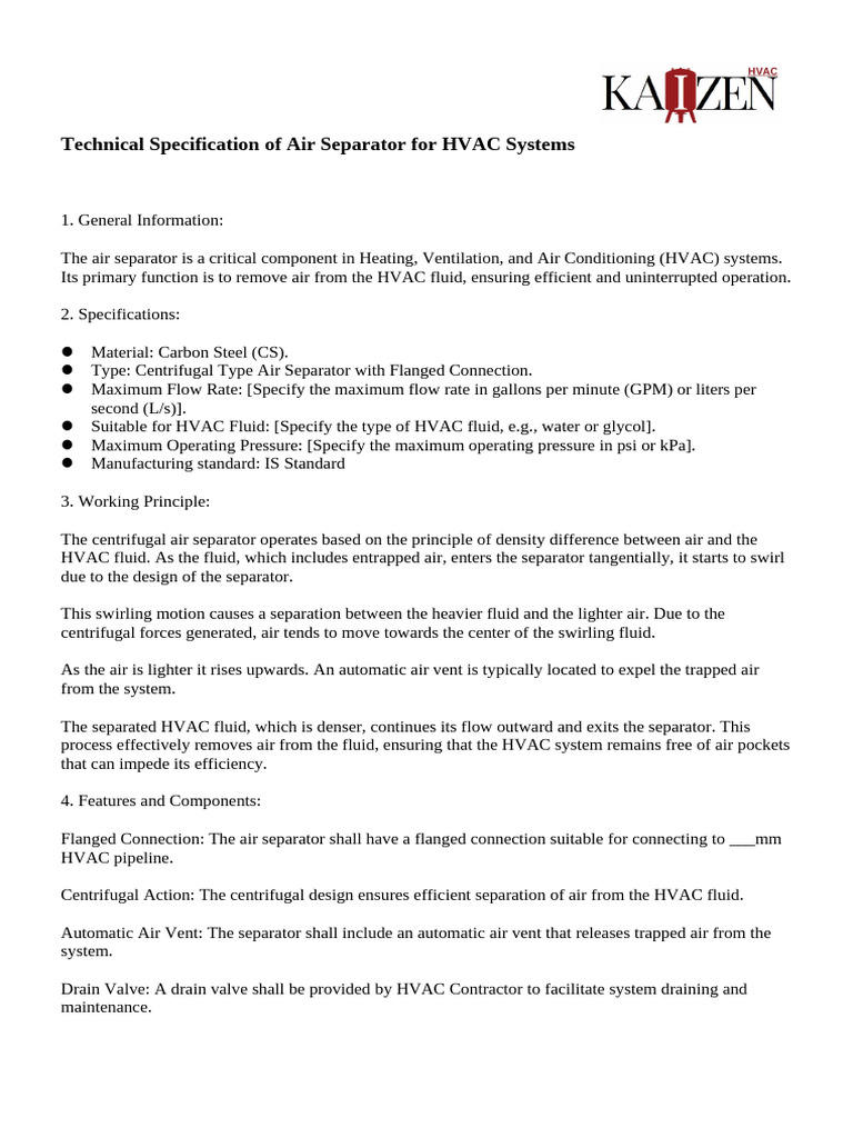 Technical Specification of Air Separator For HVAC-KZN | PDF | Ventilation (Architecture) | Valve