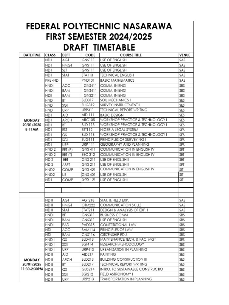 Draft Timetable 2025 | PDF