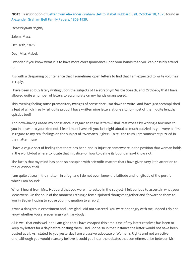 Bell's Letter on Women's Rights | PDF