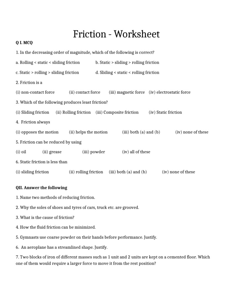 Std 8 Friction - Worksheet | PDF | Friction | Materials Science