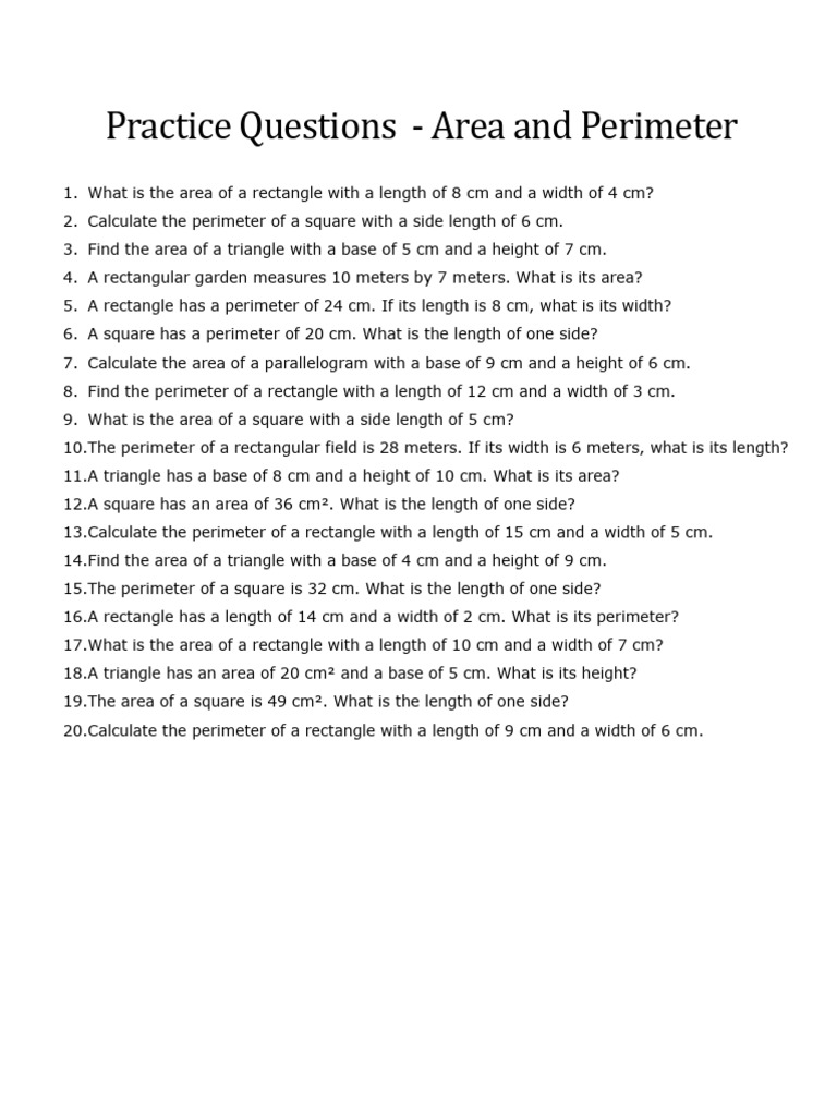 Practice Questions - Area and Perimeter Grade 5 | PDF