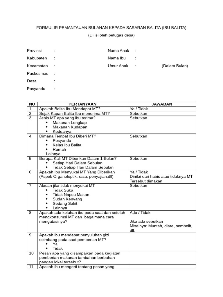 FORMULIR PEMANTAUAN BULANAN KEPADA SASARAN BALITA Dan Bumil Kek | PDF