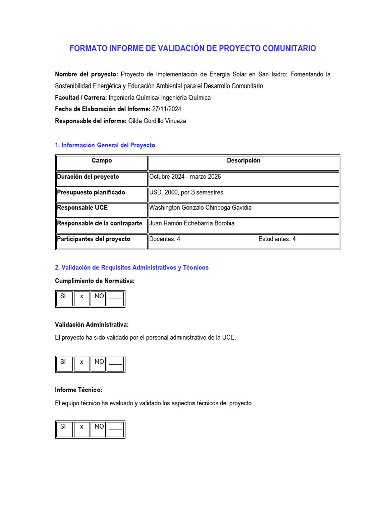 Informe de Validación Proyecto Solar San Isidro | PDF | Presupuesto