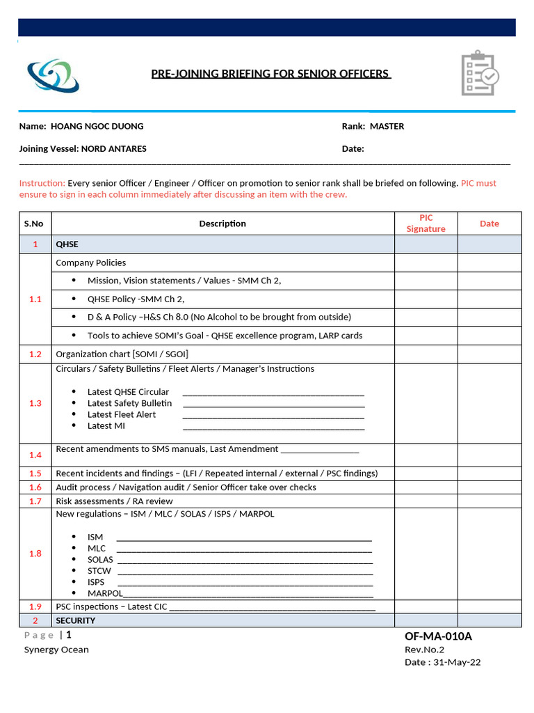Senior Officer Pre-Joining Briefing Guide | PDF | Navigation | Shipping