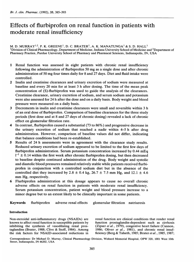 Brit J Clinical Pharma - April 1992 - Murray - Effects of Flurbiprofen on Renal Function in ...