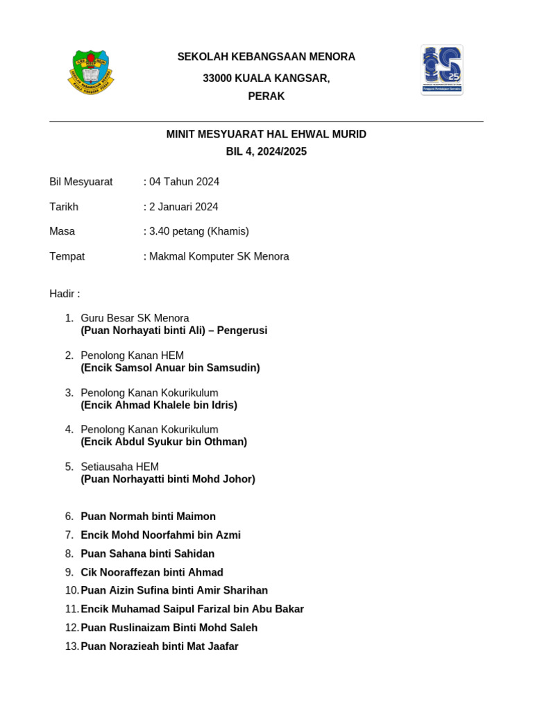 Minit Mesyuarat Hal Ehwal Murid Bil 4 2024 - 2025 | PDF