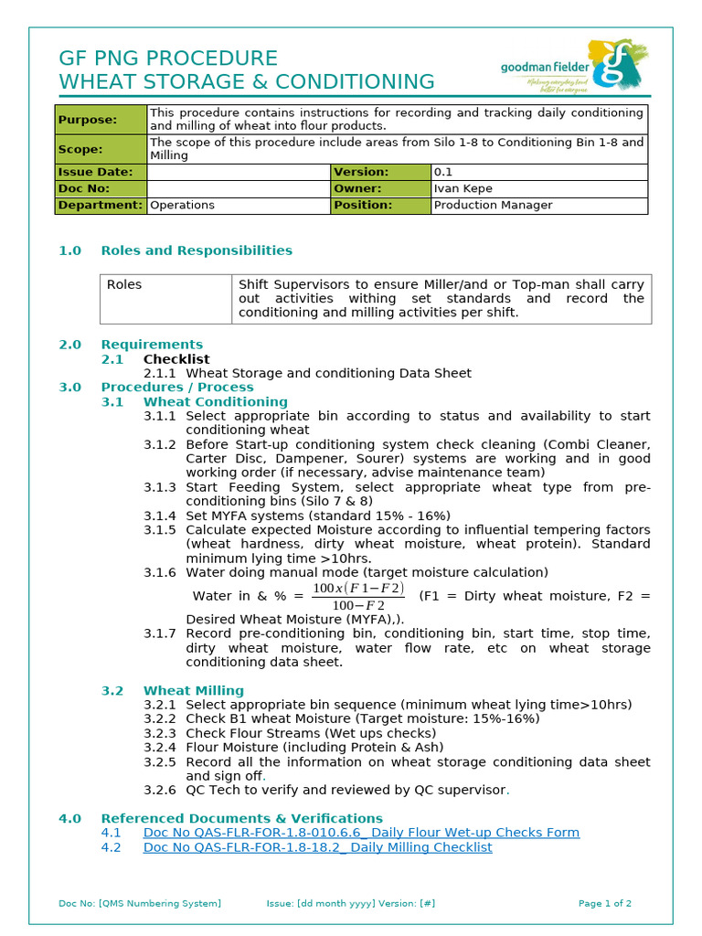Wheat Storage & Conditioning SOP | PDF | Flour