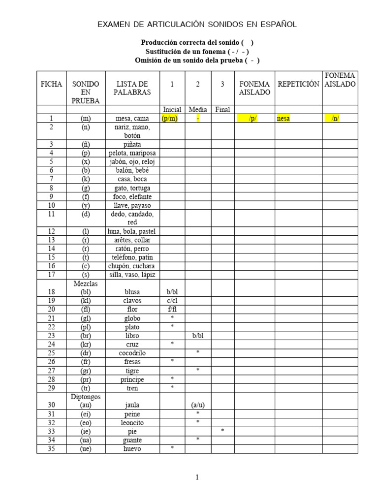 Examen de Articulación Sonidos en Español | PDF