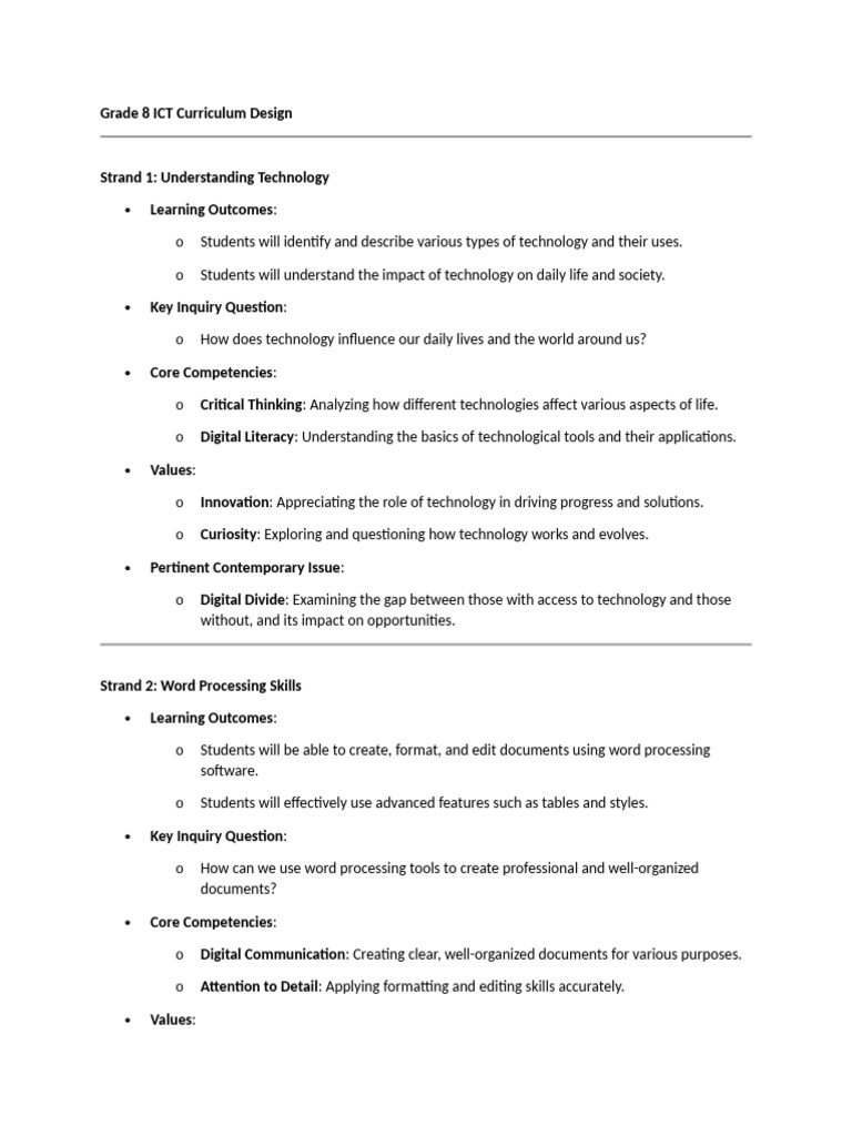 Grade 8 ICT Curriculum Design | PDF | Data Analysis | Spreadsheet