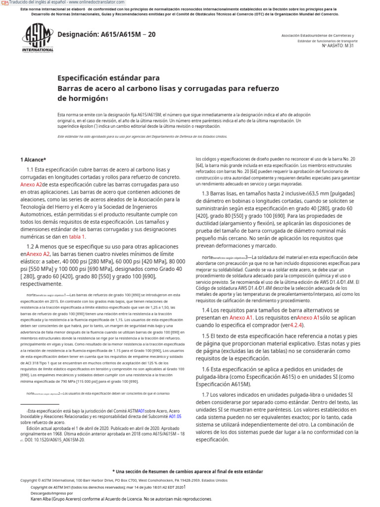ASTM - A615-A615M-20 en Es | PDF | Acero | Hormigón