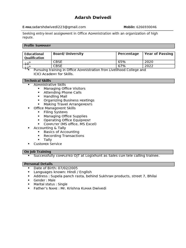 Adarsh Dwivedi: Office Admin Resume | PDF