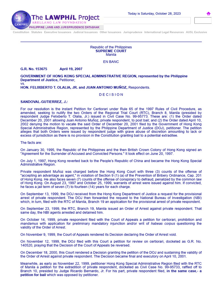 (08) Hongkong vs. Olanio | PDF | Extradition | Bail