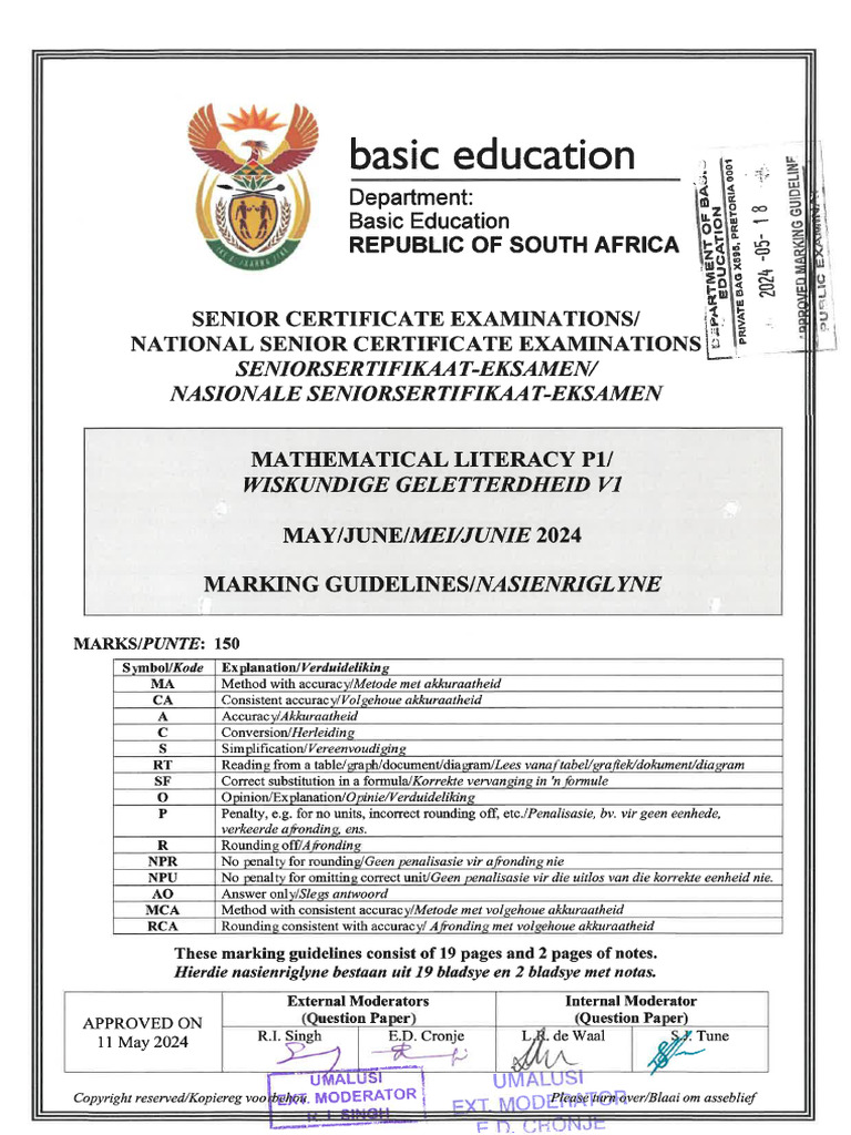 Mathematical Literacy P1 May-June 2024 Approved Marking Guideline | PDF