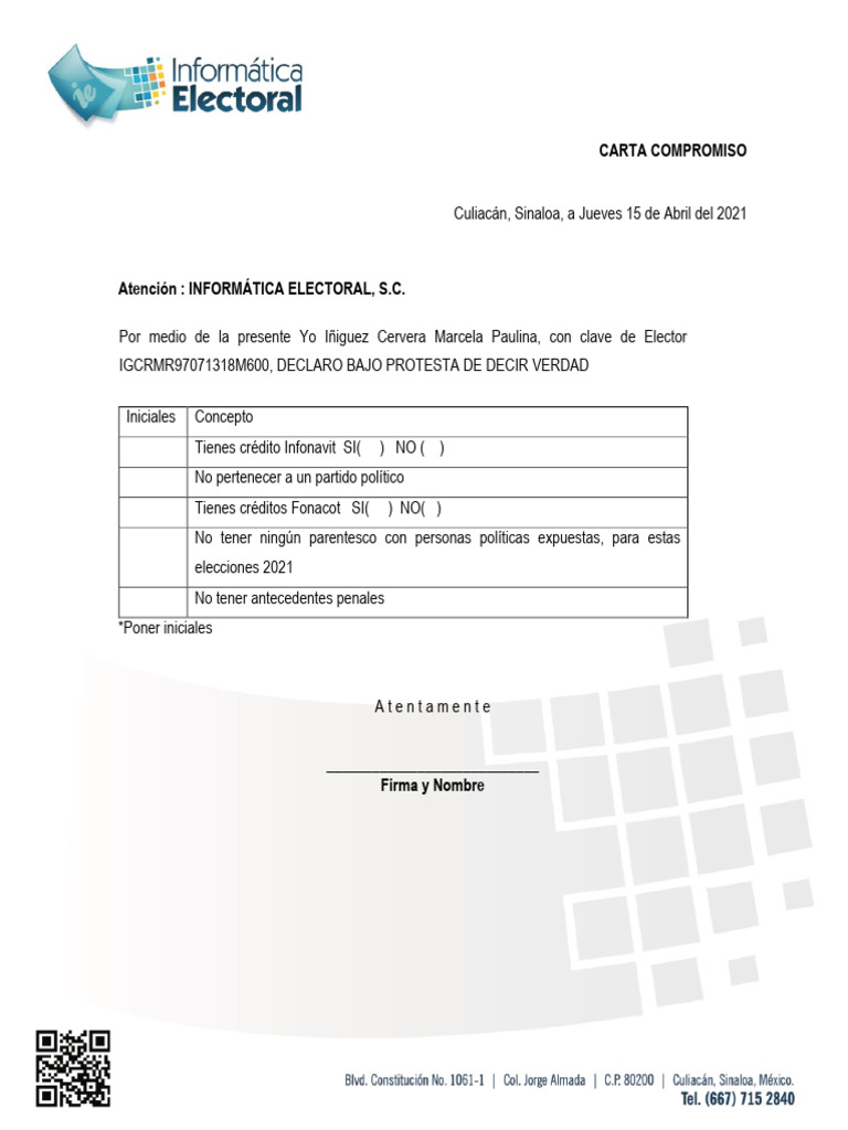 Carta Compromiso Iñiguez Cervera Marcela Paulina | PDF