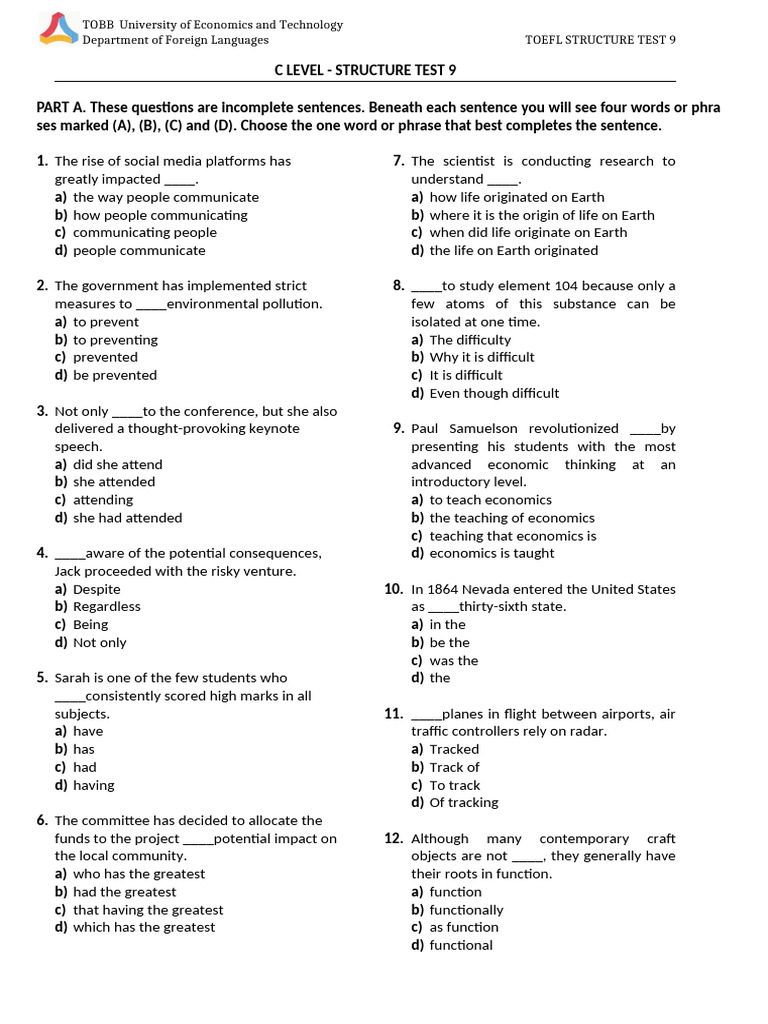 TOEFL Structure Test 9 | PDF | Dentures