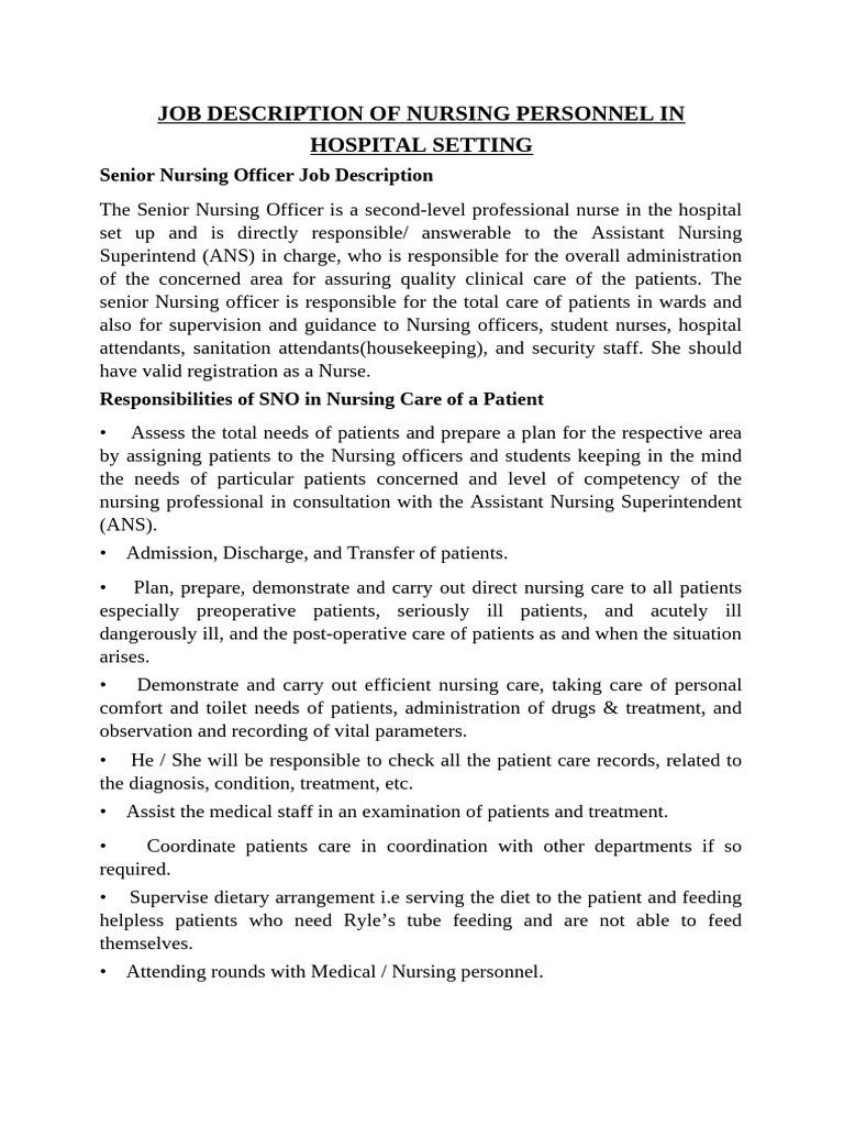 Nursing Personnel Job Descriptions | PDF | Hospital | Nursing