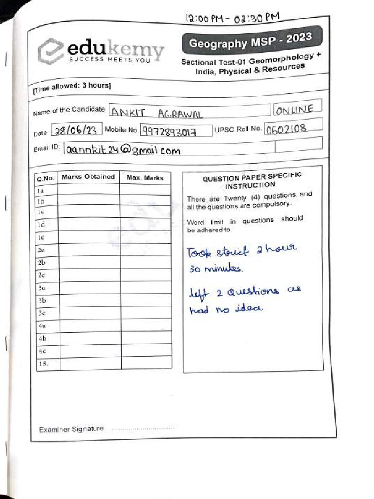 Ankit Agrawal Rank 297 Answer Booklet 1 | PDF