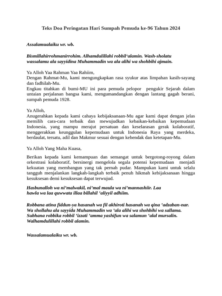 Teks Doa Peringatan Hari Sumpah Pemuda 2024 | PDF