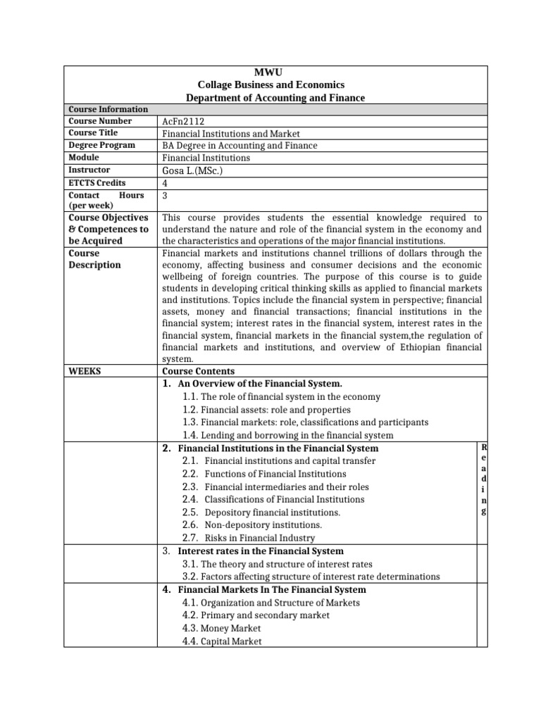 FMI Course out line | PDF | Financial Markets | Interest