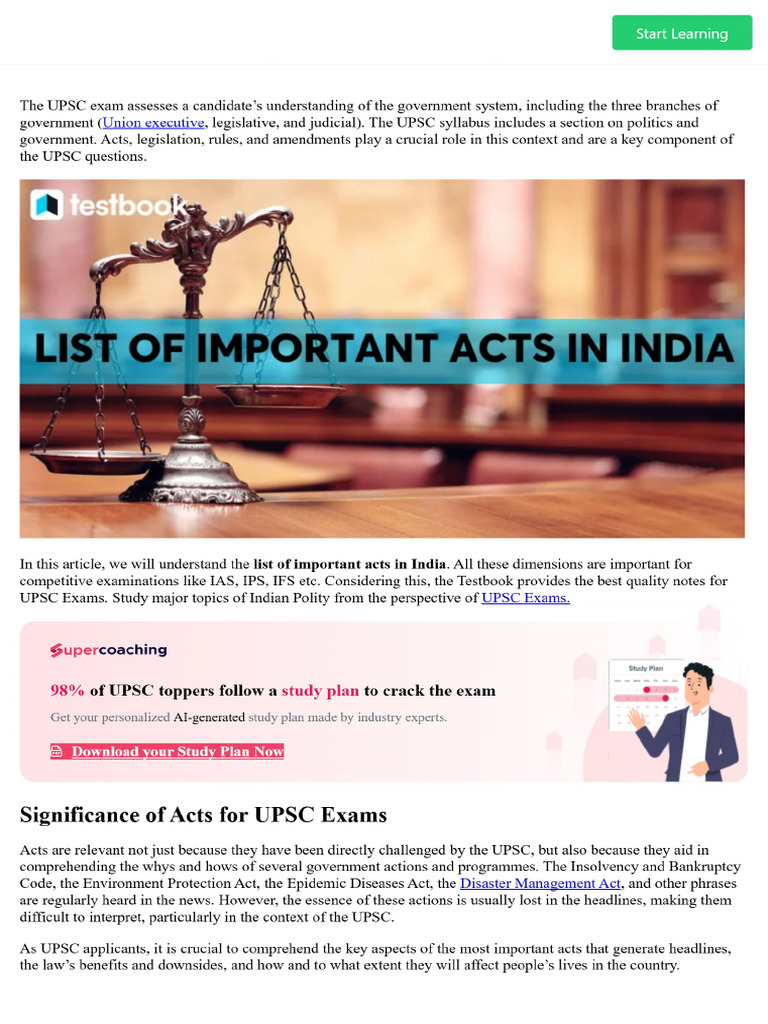 List of Important Acts in India - A Guide To Indian Legislation | PDF