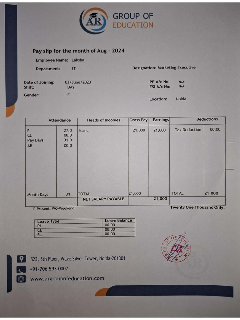 Aug Salary Slip | PDF