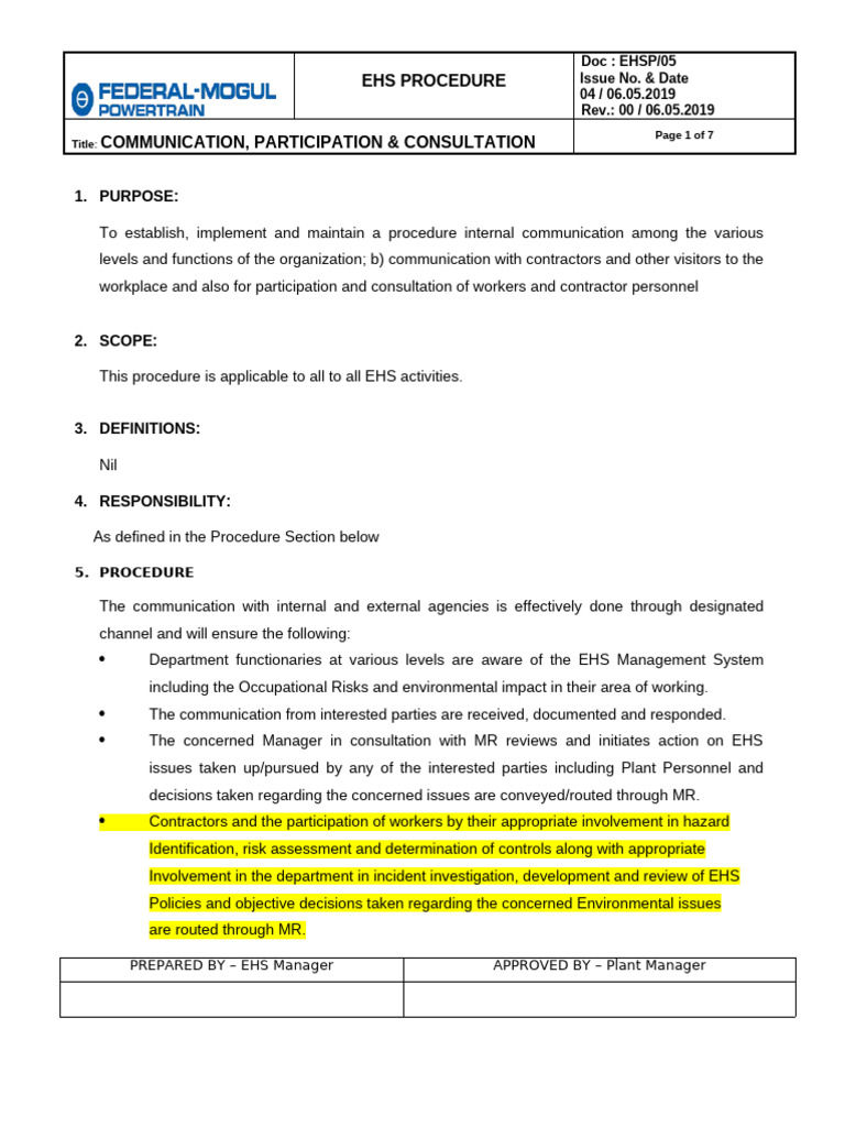 EHS - PROC - 05-Consultation and Communication | PDF | Communication | Risk