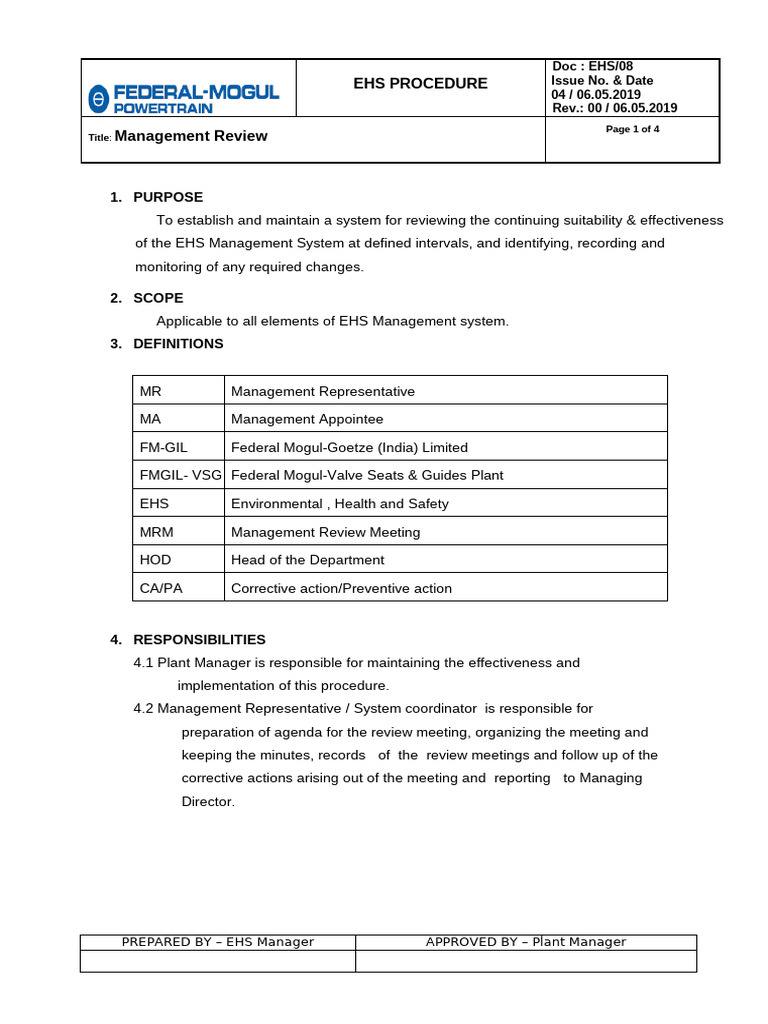 EHS Management Review Procedure | PDF | Regulatory Compliance | Risk