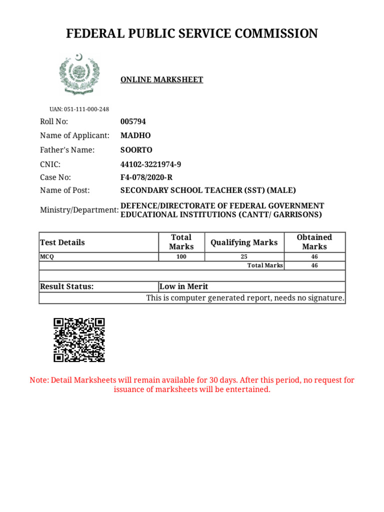 Online.fpsc.Gov.pk Fpsc Gr Reports Gr Marksheets Details.php (1) | PDF