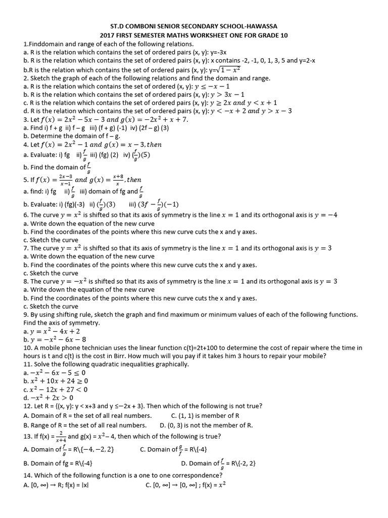 Grade 10 Maths Worksheet: Domains, Ranges, and Functions | PDF ...