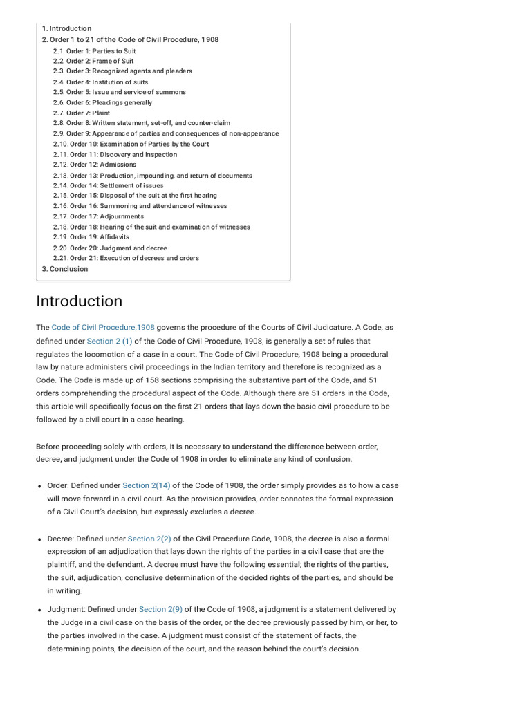 Order 1 to 21 of the Code of Civil Procedure, 1908 _ learning the basics of civil procedure ...