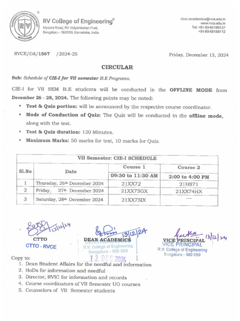 Schedule of CIE-I For VII Semester BE Programs | PDF