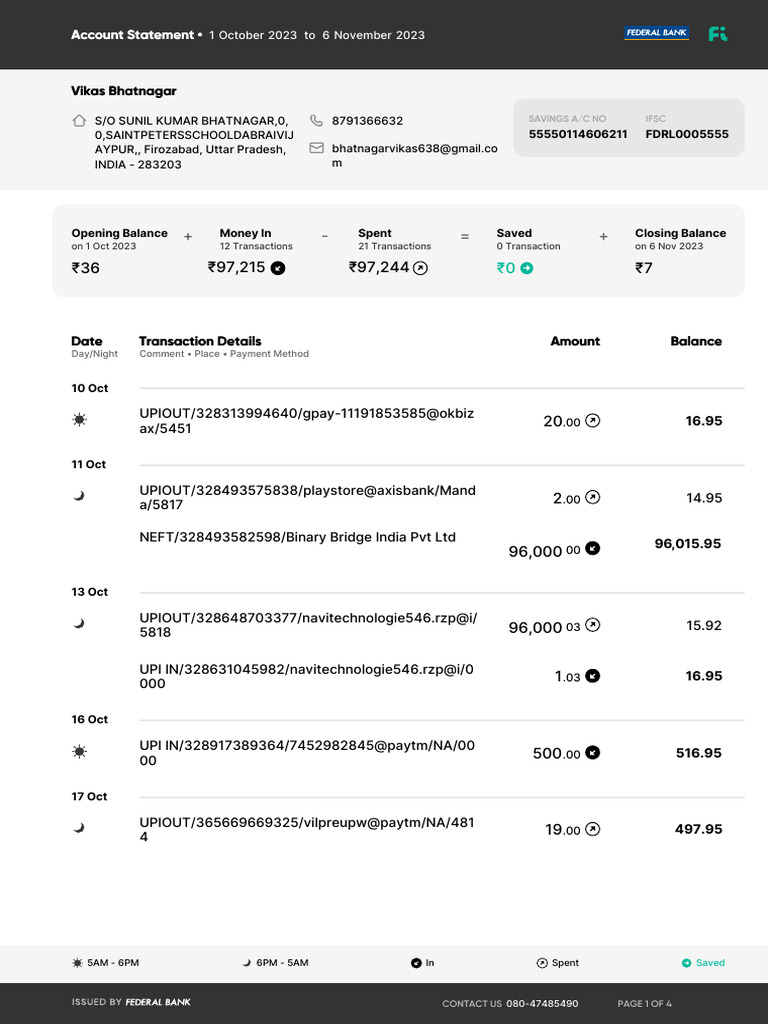 Federal Bank - Savings Account Statement 01 Oct 2023 - 06 Nov 2023 ...
