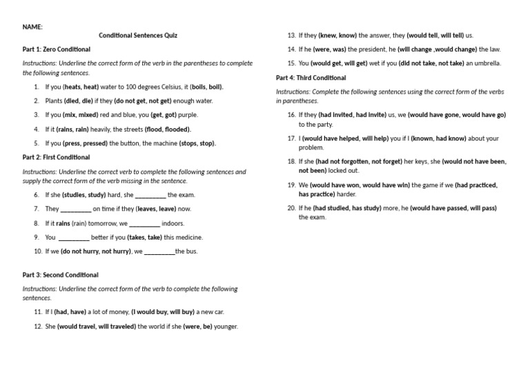 Conditional Sentences Quiz | PDF | Linguistics