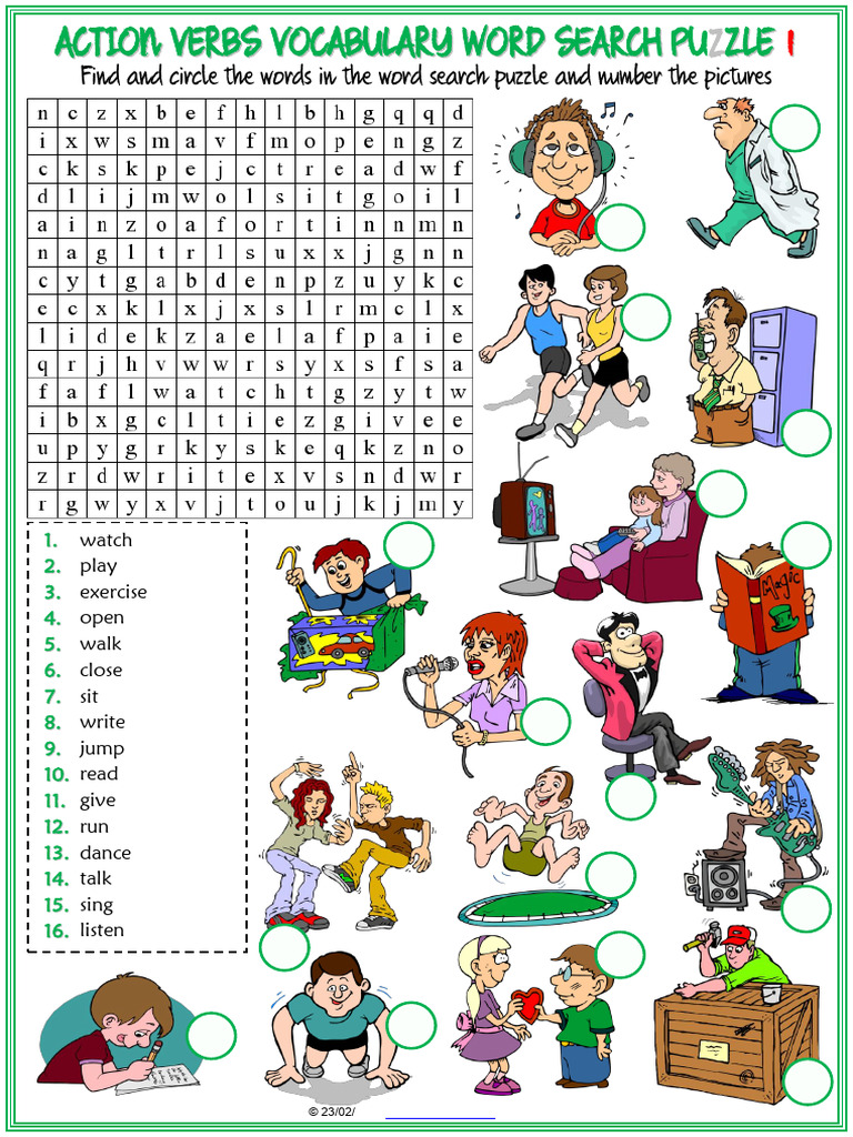 Action Verbs Vocabulary Esl Word Search Puzzle Worksheets For Kids ...