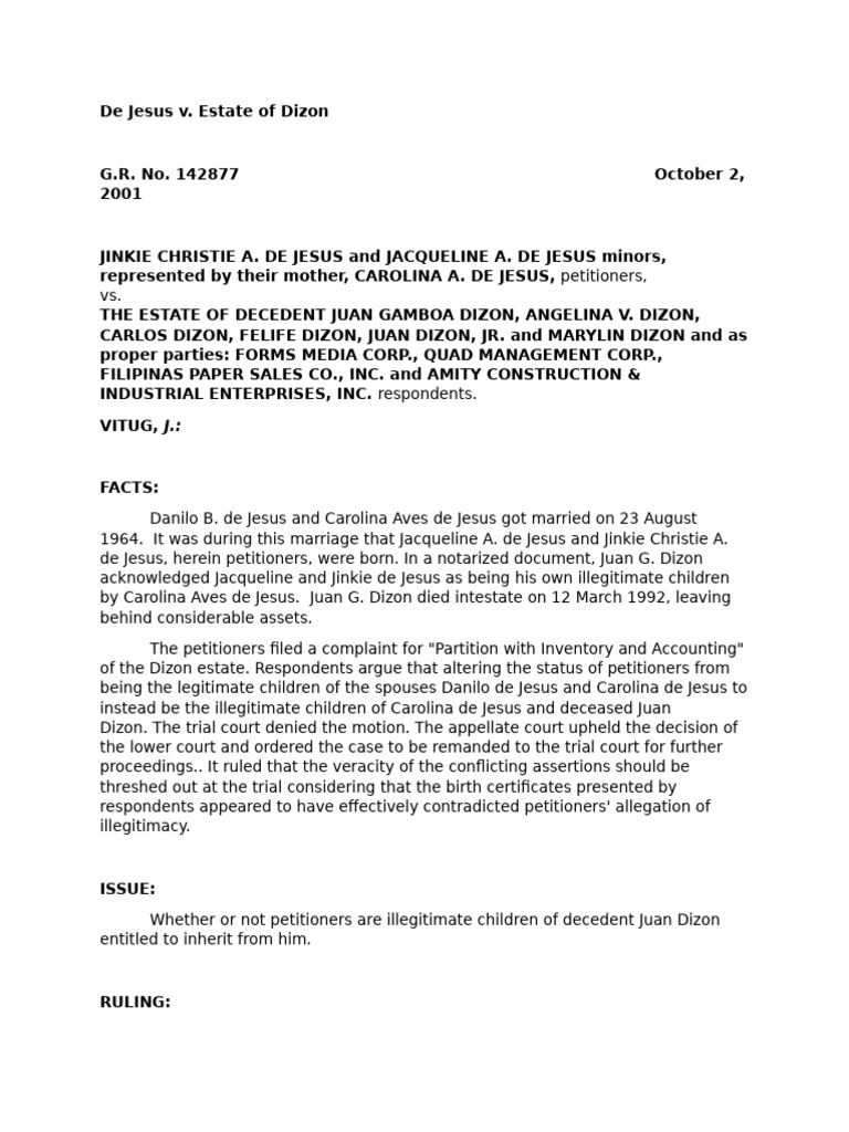 De Jesus v. Estate of Dizon - G.R. No. 142877 | PDF | Legitimacy ...