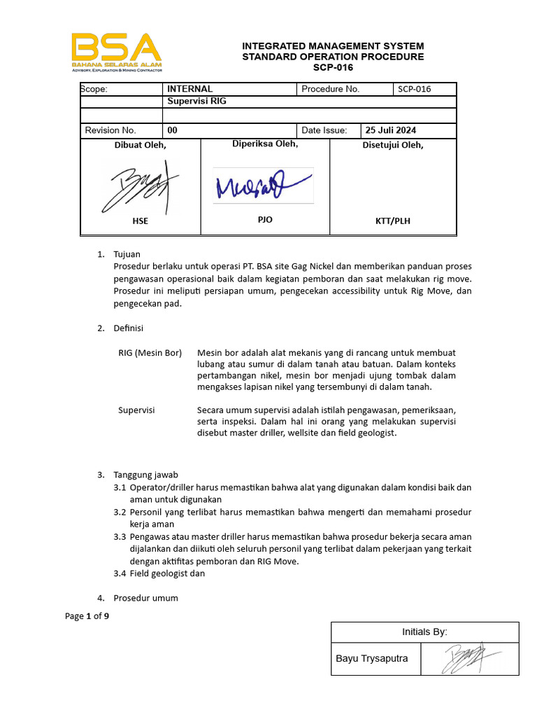 Prosedur Supervisi Rig Pemboran SCP-016 | PDF