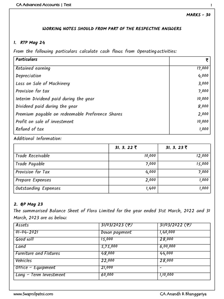 Adanced Accounts - Test - Cashflow | PDF | Dividend | Expense