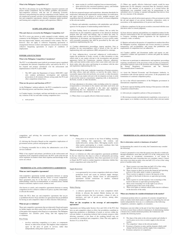 PHILIPPINE COMPETITION ACT Notes | PDF | Mergers And Acquisitions ...