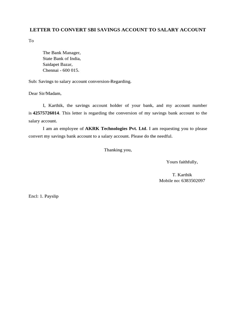 Letter To Convert SBI Savings Account To Salary Account | PDF