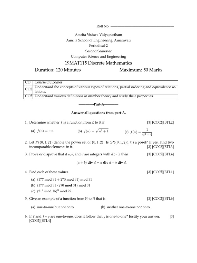 19MAT115 Discrete Math P2 | PDF | Function (Mathematics) | Elementary ...