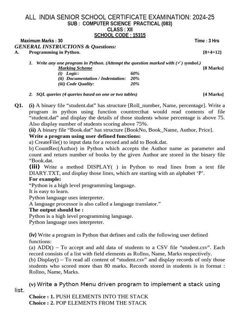 Practical Exam(CompSc-XII)-2024-25 | PDF | Computer Program | Programming