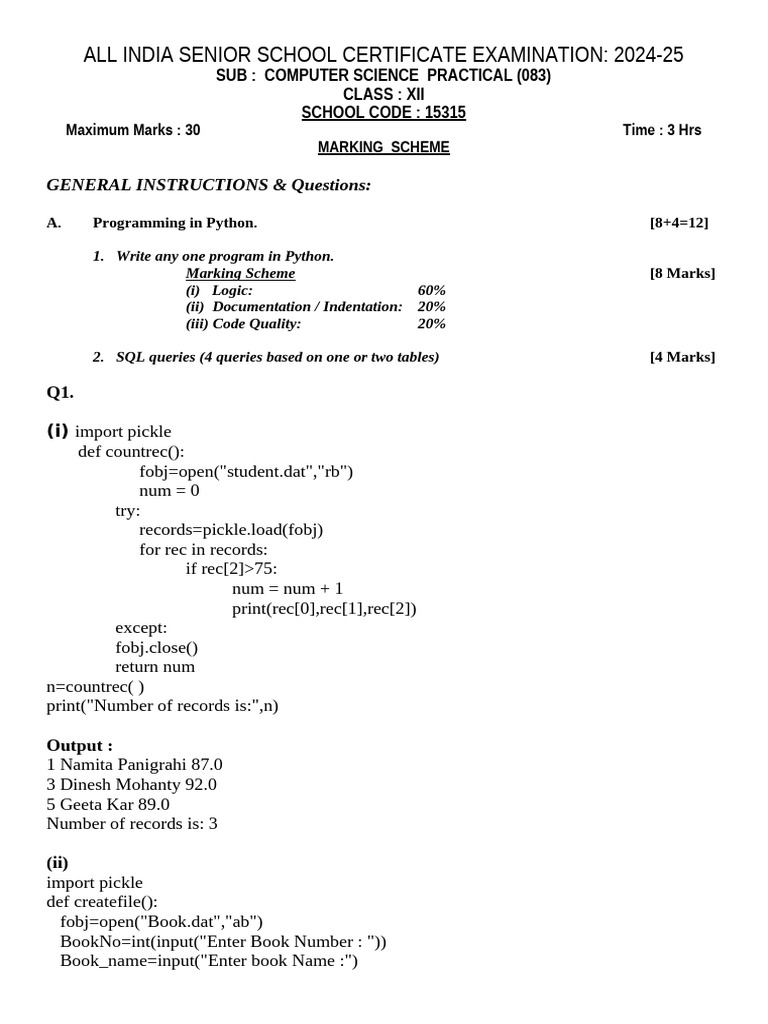 Practical Exam (CompSc XII) 2024 5 MS | PDF | Sql | Data Management